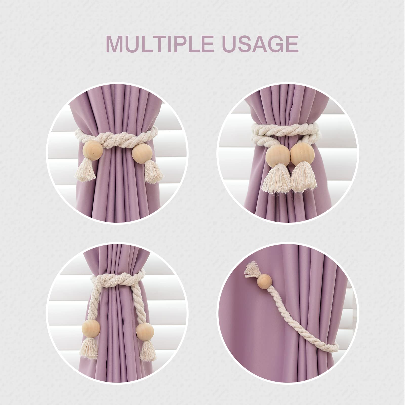 NICEEC 2 Pack Wooden Ball Magnetic Curtain Tiebacks Boho Home Decor Drape Tie Backs Natural Cotton Hand Woven Rope Curtain Holdbacks for Thin & Thick Home & Office Window Draperies (Beige)