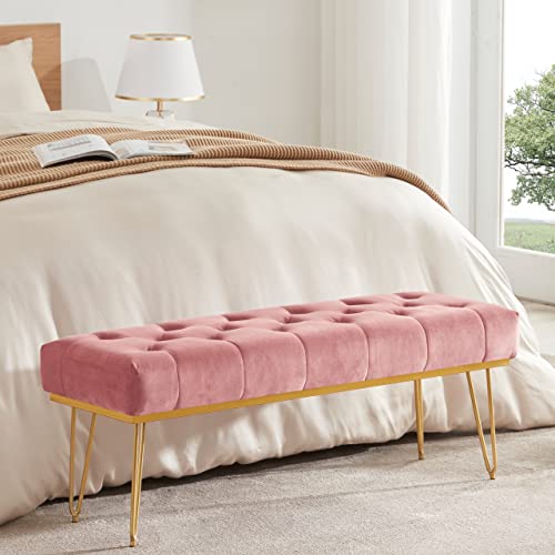 Kingfun Velvet Bedroom Bench with Gold Base&Metal Legs, Tufted Upholstered End of Bed Bench, Indoor Benches for Entryway Dining Living Room Window, Accent Ottoman Bench long Seat Foot Rest Stool(Pink)