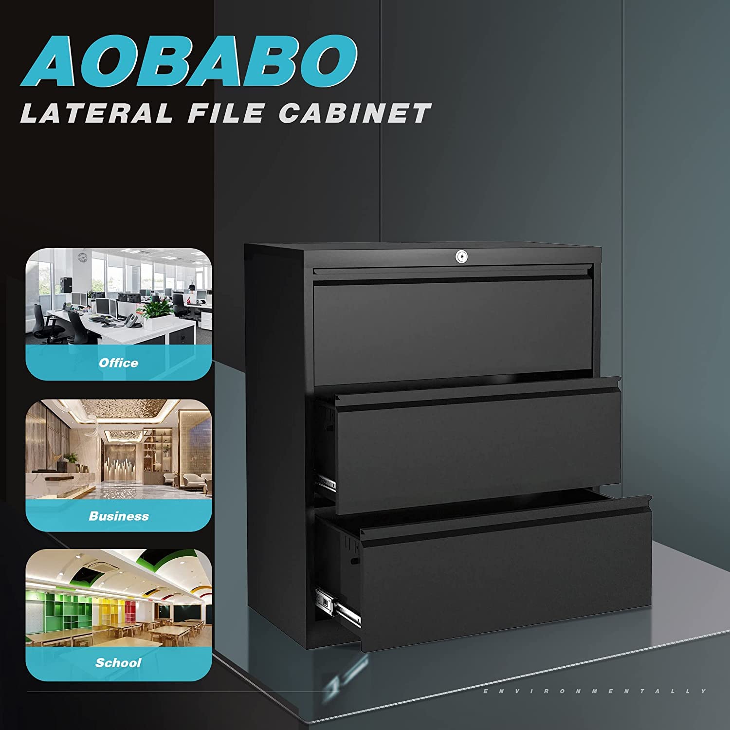 Greenvelly 3 Drawer Lateral File Cabinet with Lock Metal Filing Cabinet for Home Office