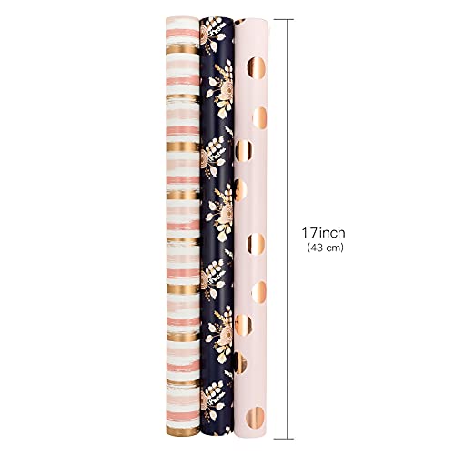 MAYPLUSS Wrapping Paper Roll - Mini Roll - 17 inch X 120 inch Per roll - Pink Polkas Dots, Stripe & Black Floral Design (42.3 sq.ft.ttl)