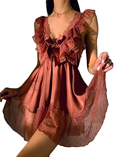 Milumia Women's Satin Lace Chemise Nightgown Bow Tie Ruffle Swiss Dots Lingerie Dress Sleepwear Rust Brown Small