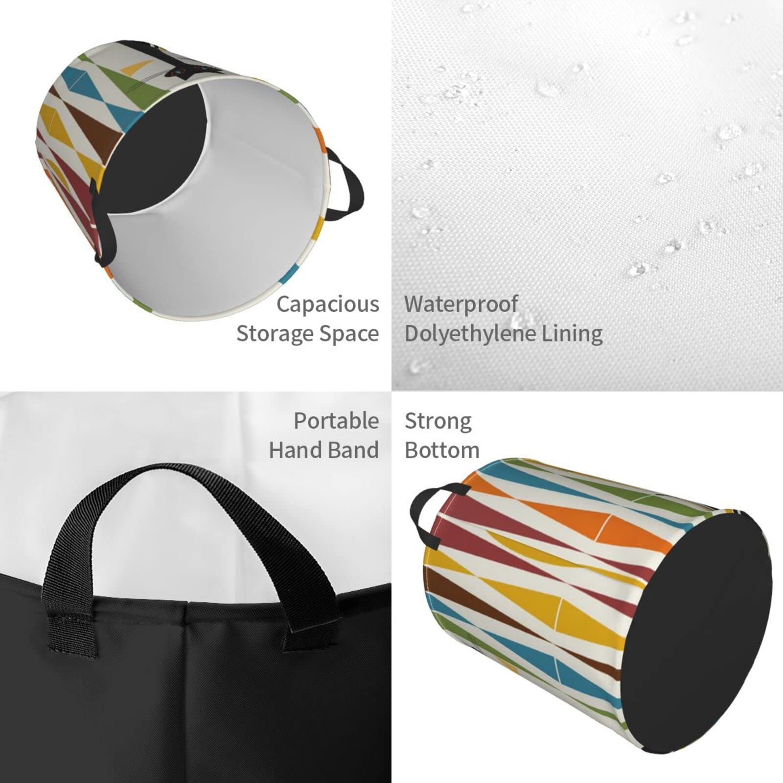 Mid-Century Modern Art Cat Printed Round Foldable Laundry Basket With Handle For Home, Bathroom, Dirty Clothes, Toy Storage