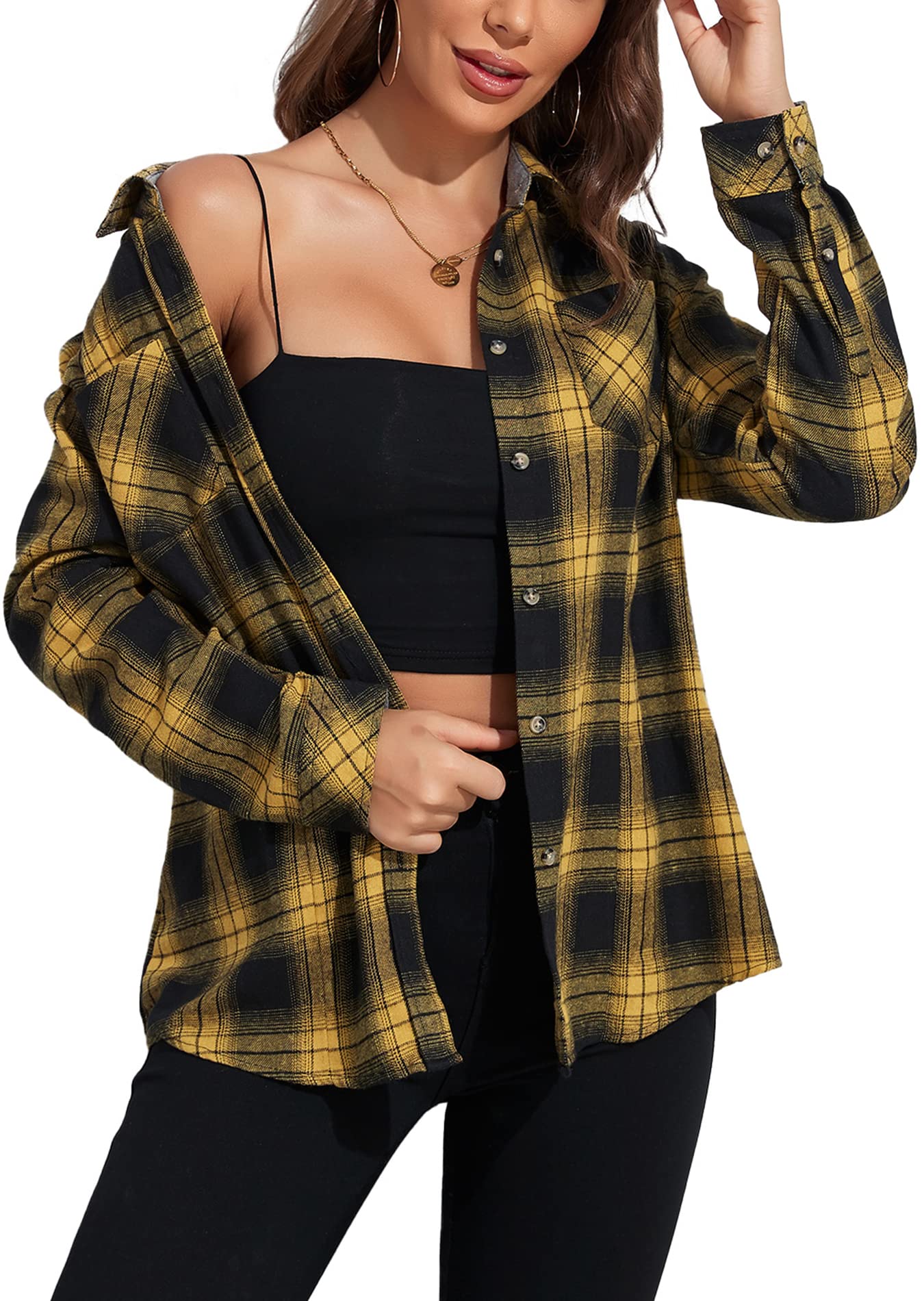 KevaMolly Plaid Long Sleeve Flannel Shirts for Women Loose Fit Boyfriend Button Down Shirt Casual Flannel Blouse Tops Black Yellow XL
