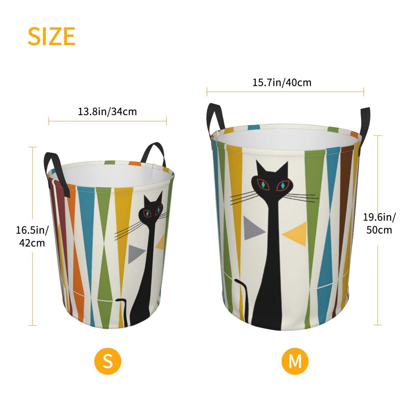 Mid-Century Modern Art Cat Printed Round Foldable Laundry Basket With Handle For Home, Bathroom, Dirty Clothes, Toy Storage