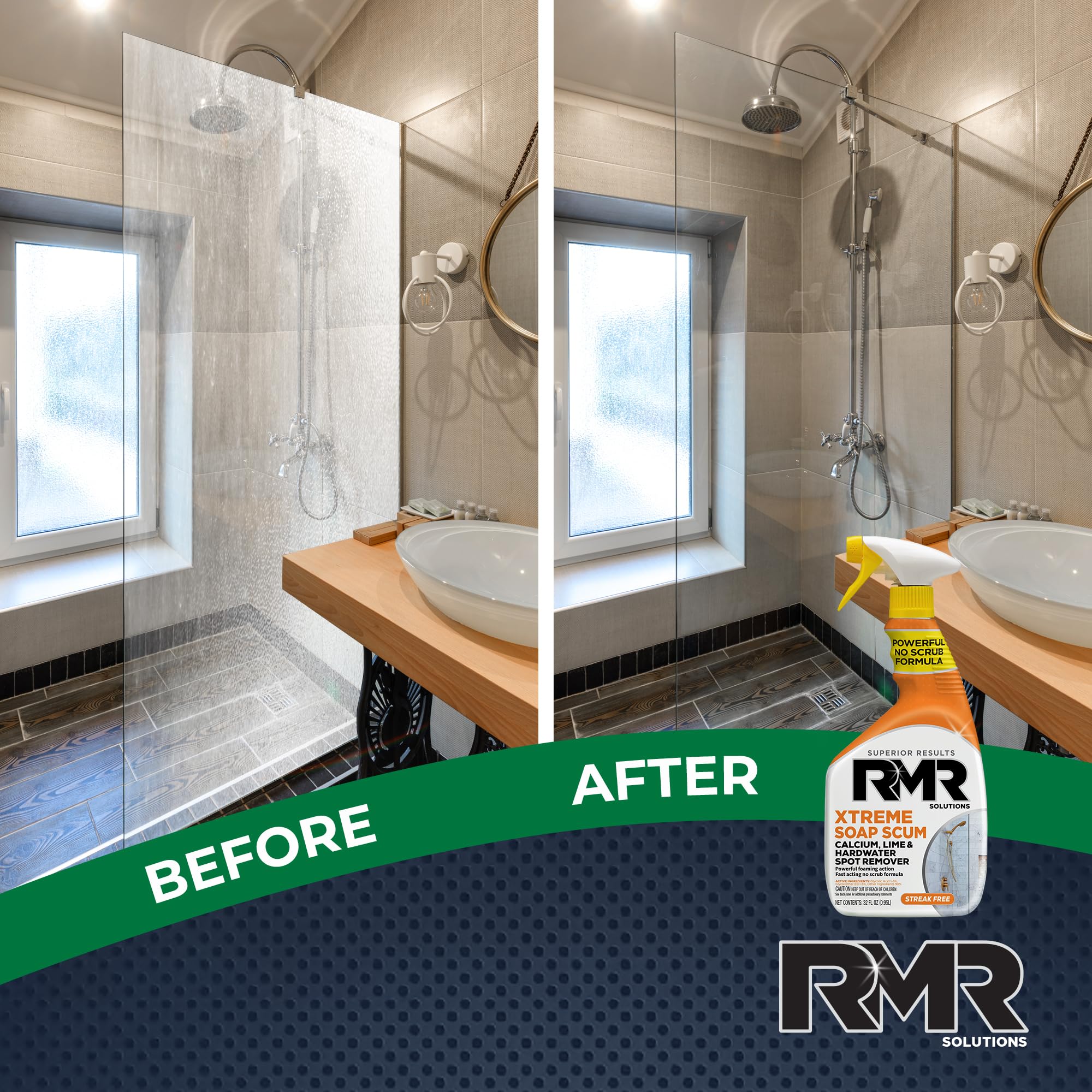 RMR - Xtreme Soap Scum Remover, Fast-Acting, No-Scrub Bathroom Cleaner for Soap Scum, Calcium, Hard Water, Limescale, and Shower Tile Residue, Bleach-Free, 30-Fluid Ounce Spray Bottle
