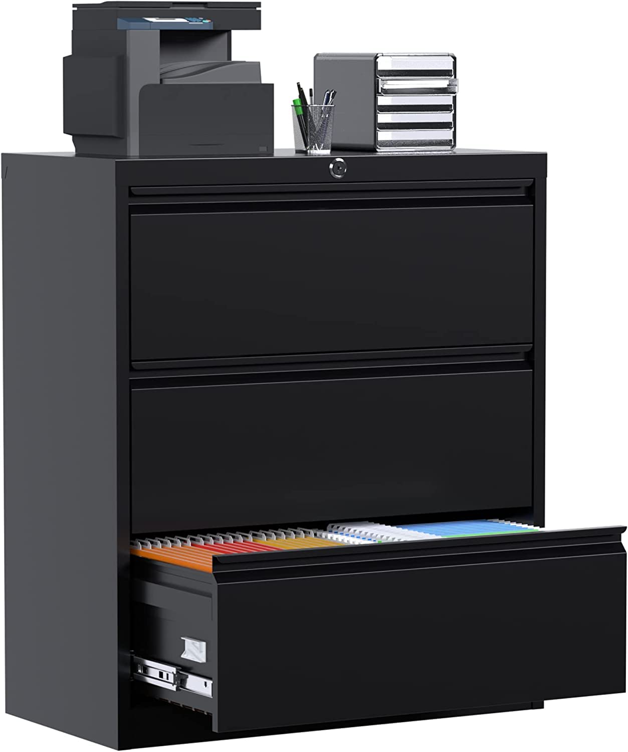Greenvelly 3 Drawer Lateral File Cabinet with Lock Metal Filing Cabinet for Home Office