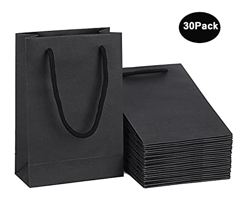 driew Black Bags for Gifts, Small Gift Bags 30 Pack Paper Gift Bags with Cotton Handle Black Gift Bags with Handle 5x2x7.5 inches Small Size