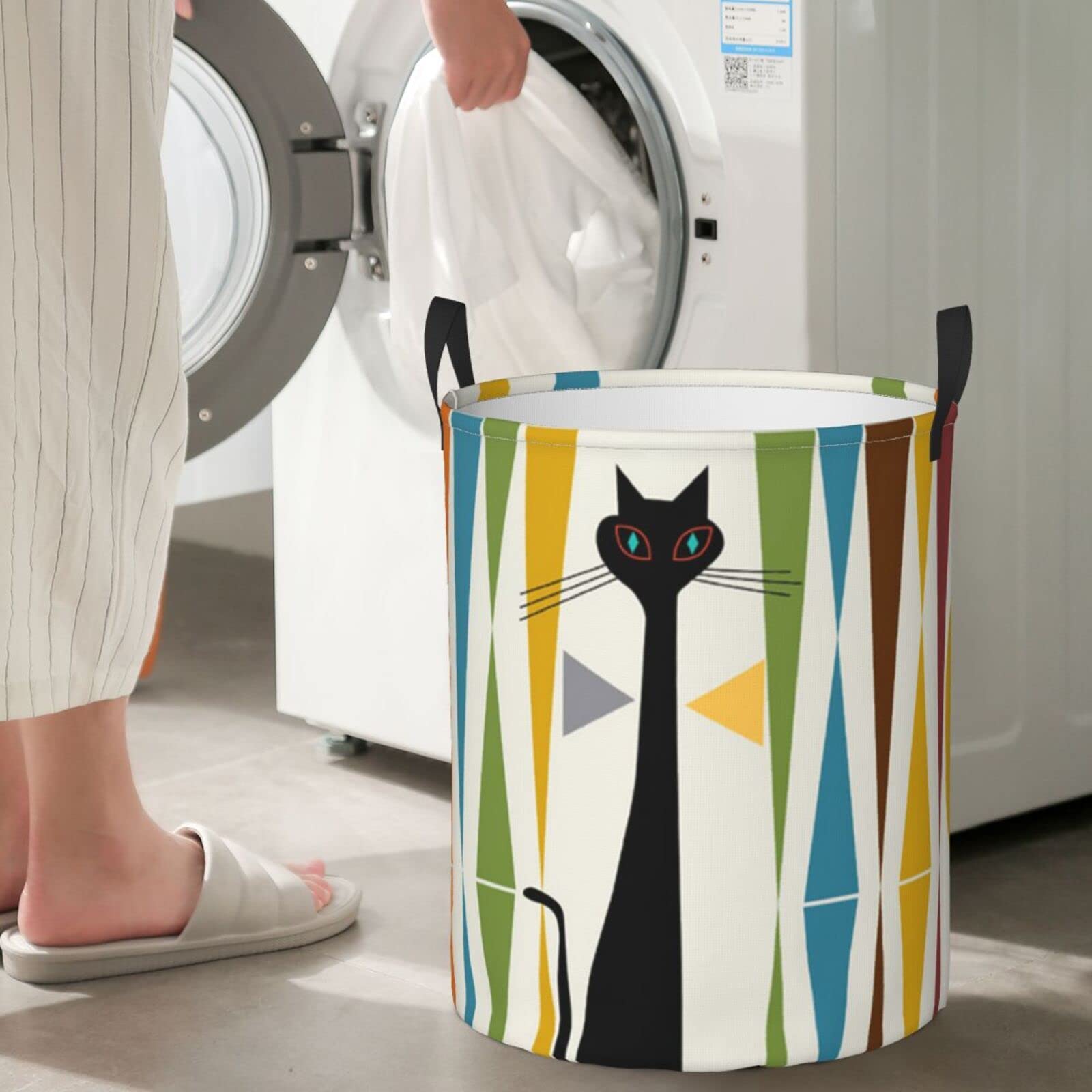 Mid-Century Modern Art Cat Printed Round Foldable Laundry Basket With Handle For Home, Bathroom, Dirty Clothes, Toy Storage