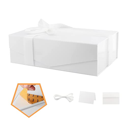 PACKQUEEN 5 Large Gift Boxes with Ribbons, Glossy White Gift Boxes for presents, Bridesmaid Proposal Box, Extra Large Gift Box with Lid and Blank Greeting Cards (13.5x9x4.1 Inches)