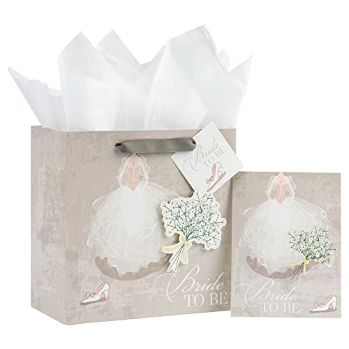MAYPLUSS 10" Medium Gift Bag with Greeting Card and Tissue Paper for Wedding, Anniversary, Bridal Shower -Bride to Be,Wedding Design Dresses