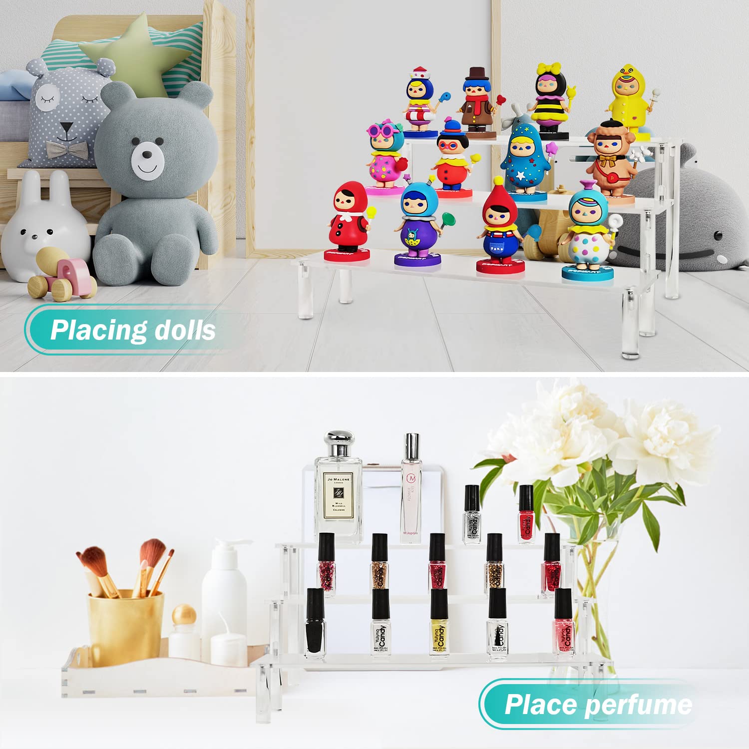 2Pack Acrylic Display Risers,Clear Shelf 3 Tier Cupcake Display Stand Steps for Food Desserts Stand Perfume Organizer Amiibo Funko POP Figures Toys Collections,Small Mini Display Stand for Organizer and Decoration(12 x 8 x 6 Inch)