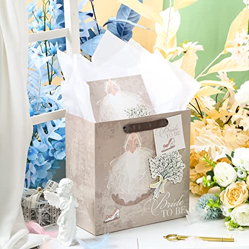 MAYPLUSS 10" Medium Gift Bag with Greeting Card and Tissue Paper for Wedding, Anniversary, Bridal Shower -Bride to Be,Wedding Design Dresses