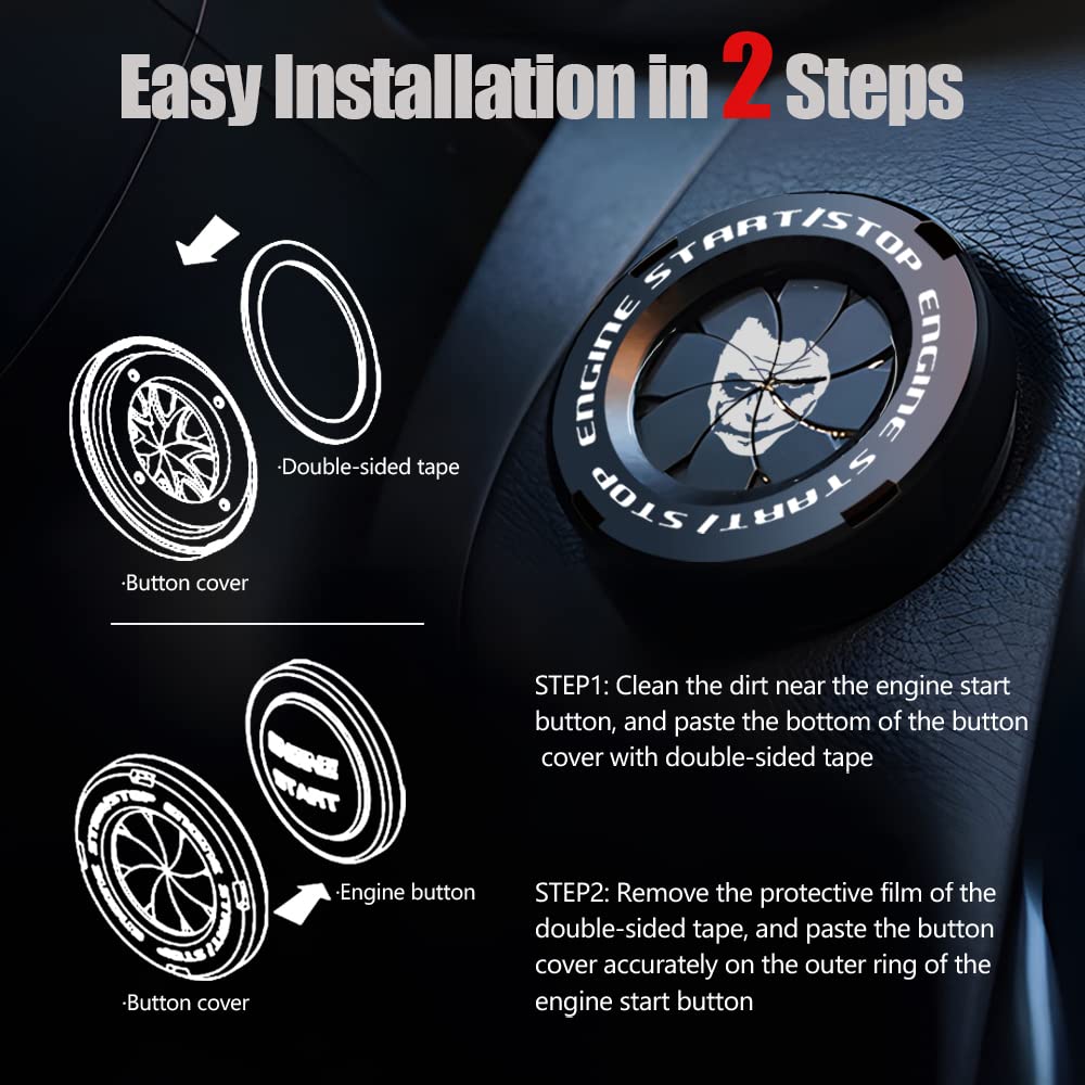 Tybasthe Rotary Push Start Button Cover, Joker Car Accessories Engine Start Stop Button Cover, Car Stickers Interior Decor, Motorcycle Ignition Key Switch Cover, Black