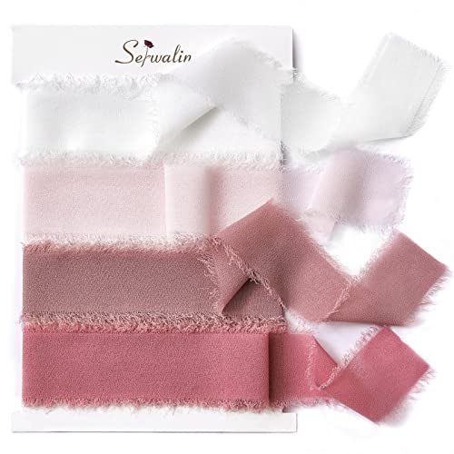 Serwalin Fringe Pink Chiffon Ribbon Silk Ribbon Set for Gift Wrapping 1.5" 6 Yd Fringe Frayed Edges Boho Wedding Ribbon Set for Bouquets Wrap,Wedding Invitations, Gifts Wrapping, Blush Pink