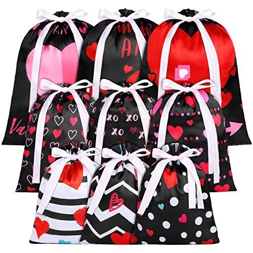 Fovths 9 Pieces Valentine Gift Bags Satin Valentine Gift Bags with Handles Assorted Size Reusable Gift Bag for Weddings, Valentines Day, Party Supplies