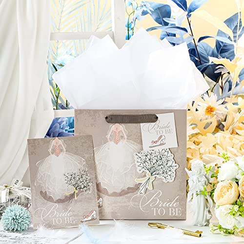 MAYPLUSS 10" Medium Gift Bag with Greeting Card and Tissue Paper for Wedding, Anniversary, Bridal Shower -Bride to Be,Wedding Design Dresses
