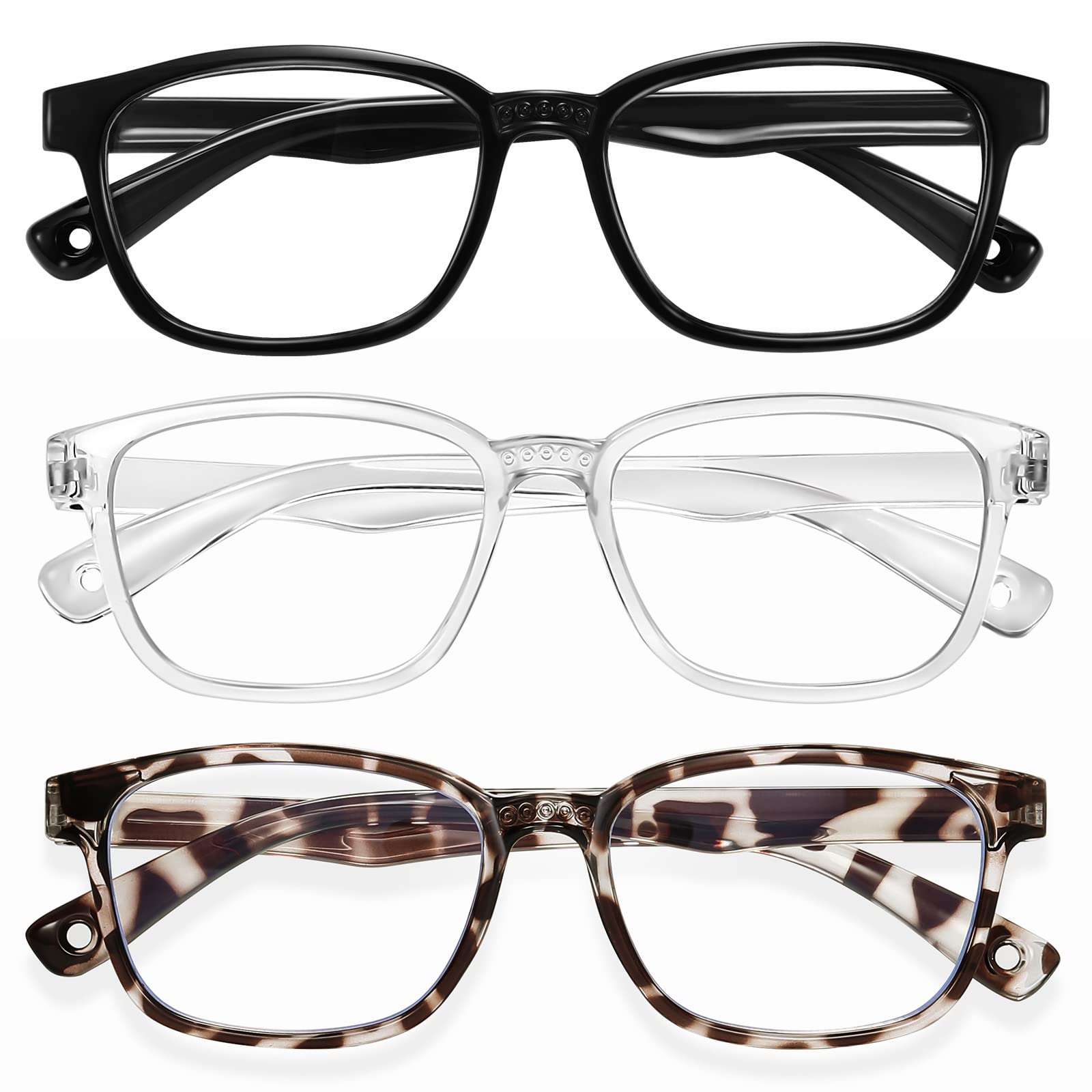 Okany Blue Light Glasses for Kids 3 Pack Anti Glare & Eye Strain Glasses Computer TV Phone Tablets UV Protection Glasses for Kids Boys Girls Age 3-10 (Black + Transparent + Leopard)