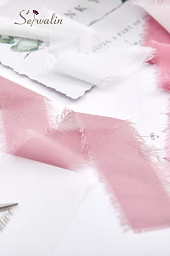 Serwalin Fringe Pink Chiffon Ribbon Silk Ribbon Set for Gift Wrapping 1.5" 6 Yd Fringe Frayed Edges Boho Wedding Ribbon Set for Bouquets Wrap,Wedding Invitations, Gifts Wrapping, Blush Pink