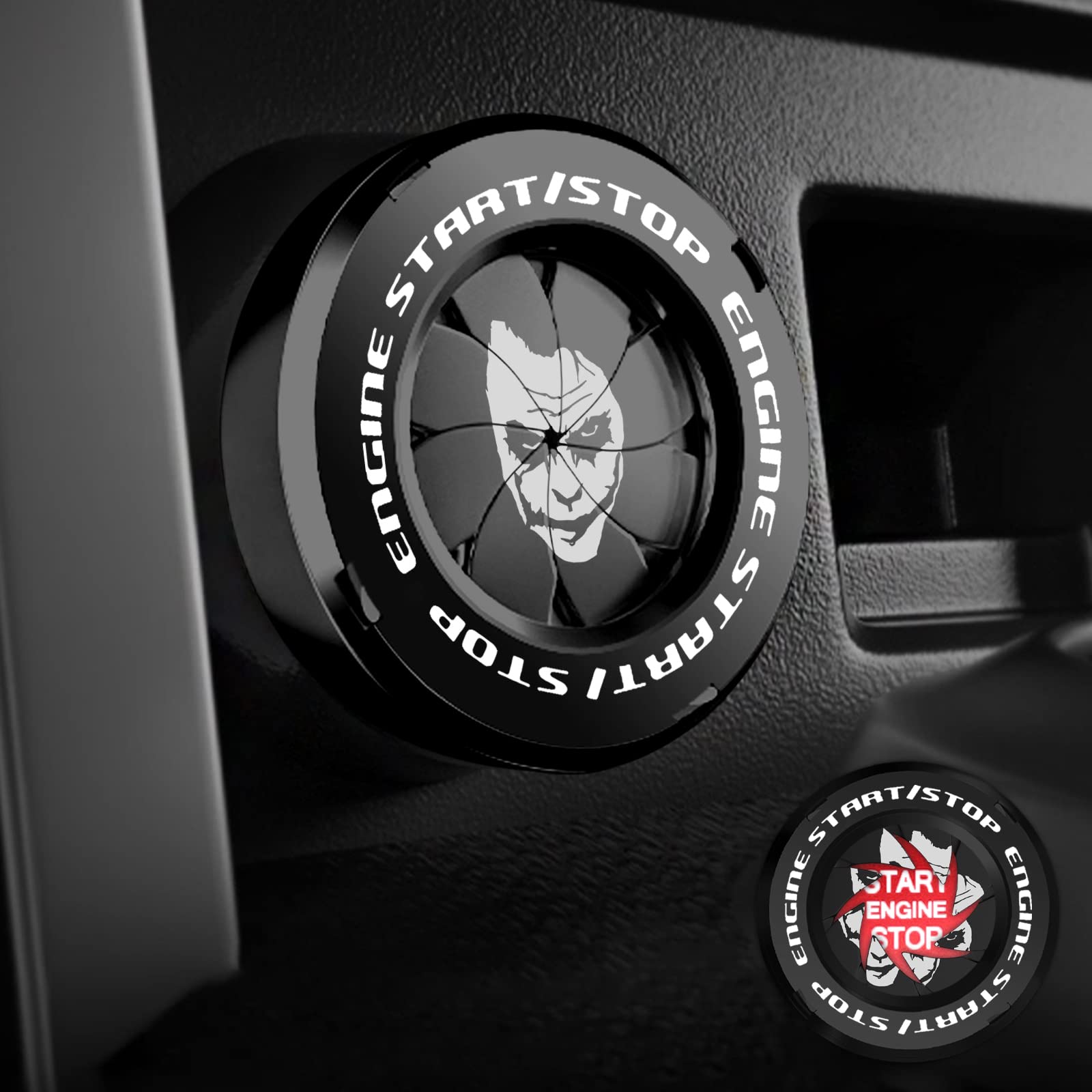 Tybasthe Rotary Push Start Button Cover, Joker Car Accessories Engine Start Stop Button Cover, Car Stickers Interior Decor, Motorcycle Ignition Key Switch Cover, Black