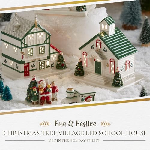 Spode Christmas Tree Miniature Village Figural Decoration, LED Lighted Village Set, Ceramic Holiday Decor - Dolomite Collectible for Indoor Display (School House)