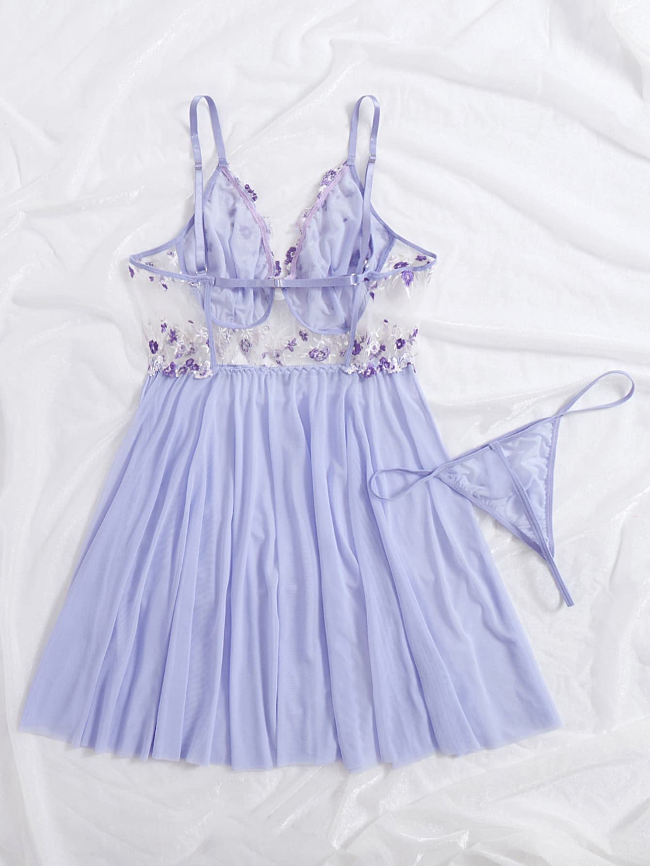 WDIRARA Women's Plus Size Floral Embroidered Mesh Lingerie Babydoll Dress with Panty Lilac Purple 3XL