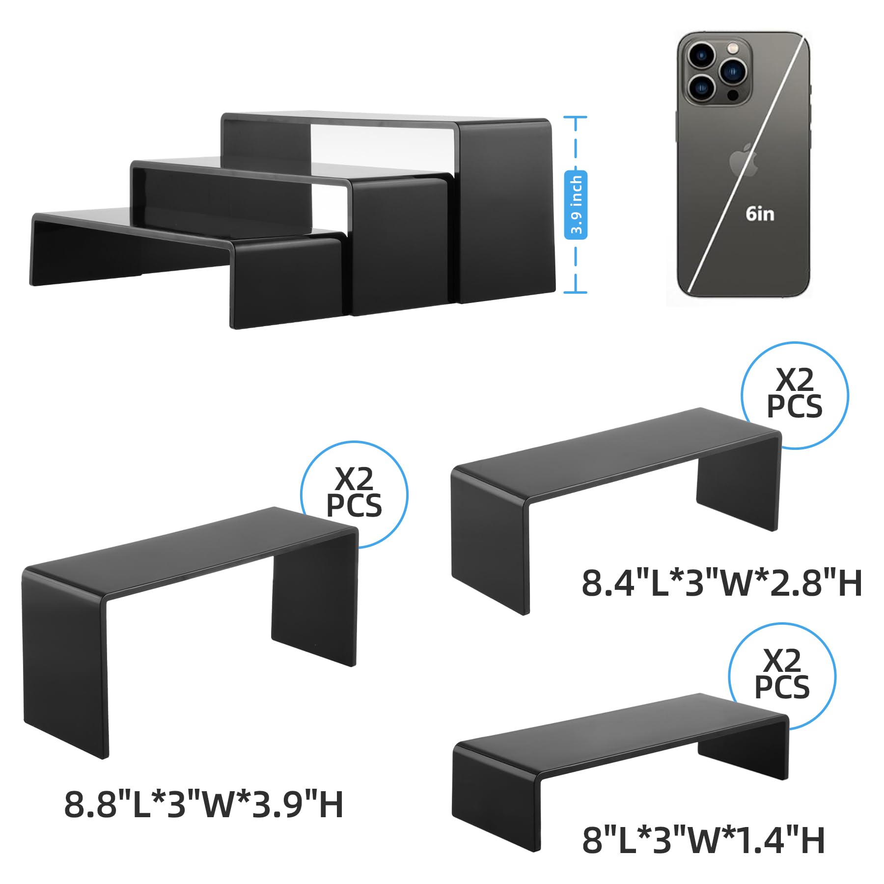 Goabroa Black Acrylic Display Risers, 3 Tiers 2 Set (6 Pcs) Acrylic Shelves Organizer Display Stand, Conutertop Desktop Acrylic Display for Decoration and Organizer