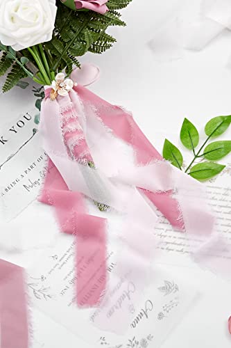 Serwalin Fringe Pink Chiffon Ribbon Silk Ribbon Set for Gift Wrapping 1.5" 6 Yd Fringe Frayed Edges Boho Wedding Ribbon Set for Bouquets Wrap,Wedding Invitations, Gifts Wrapping, Blush Pink
