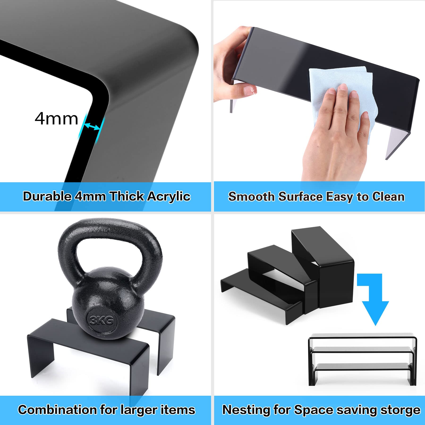 Goabroa Black Acrylic Display Risers, 3 Tiers 2 Set (6 Pcs) Acrylic Shelves Organizer Display Stand, Conutertop Desktop Acrylic Display for Decoration and Organizer