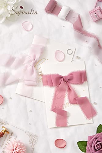 Serwalin Fringe Pink Chiffon Ribbon Silk Ribbon Set for Gift Wrapping 1.5" 6 Yd Fringe Frayed Edges Boho Wedding Ribbon Set for Bouquets Wrap,Wedding Invitations, Gifts Wrapping, Blush Pink