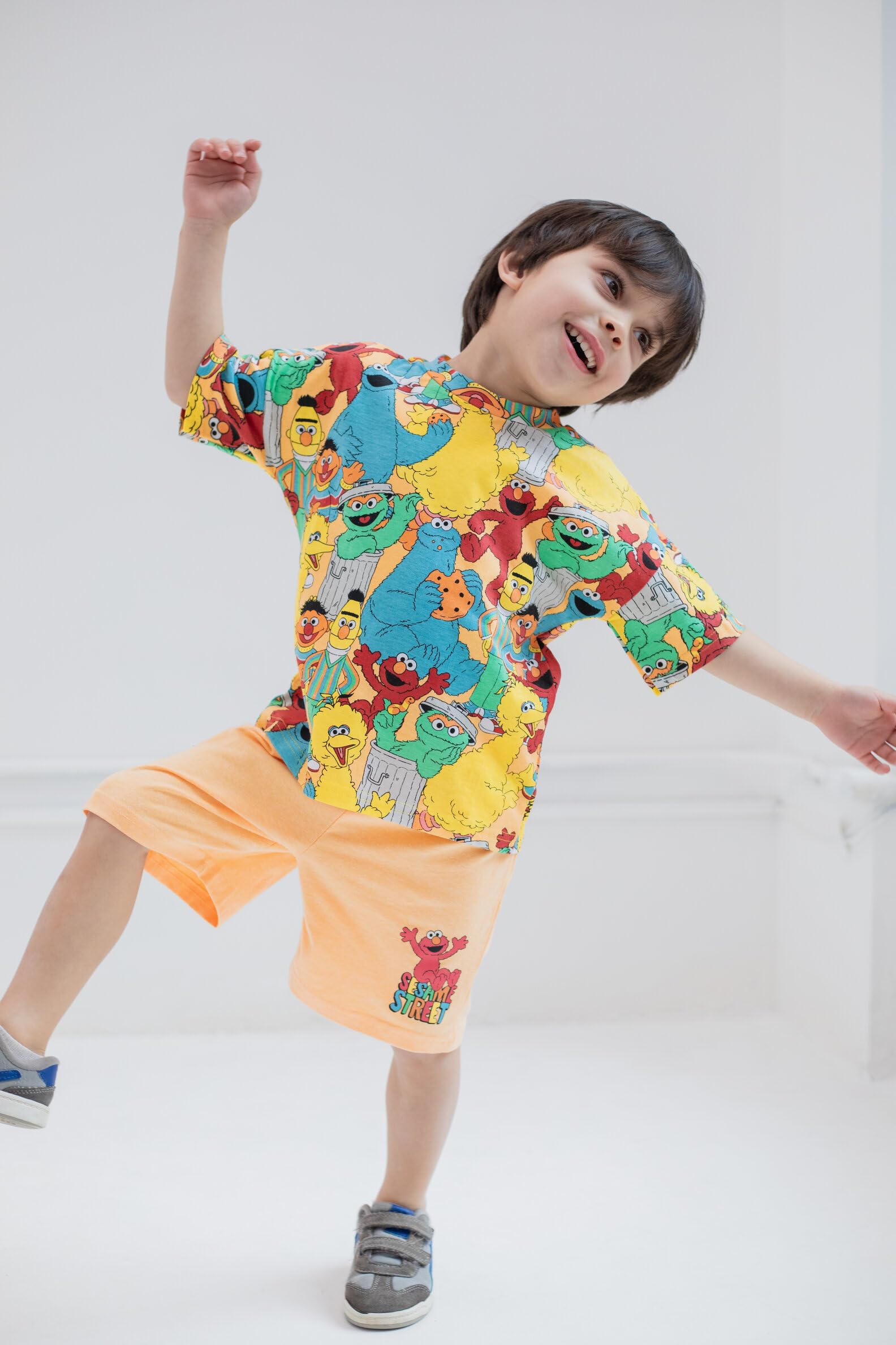 Sesame Street Elmo Cookie Monster Big Bird Little Boys T-Shirt and Shorts Outfit Set Multicolor/Orange 7-8