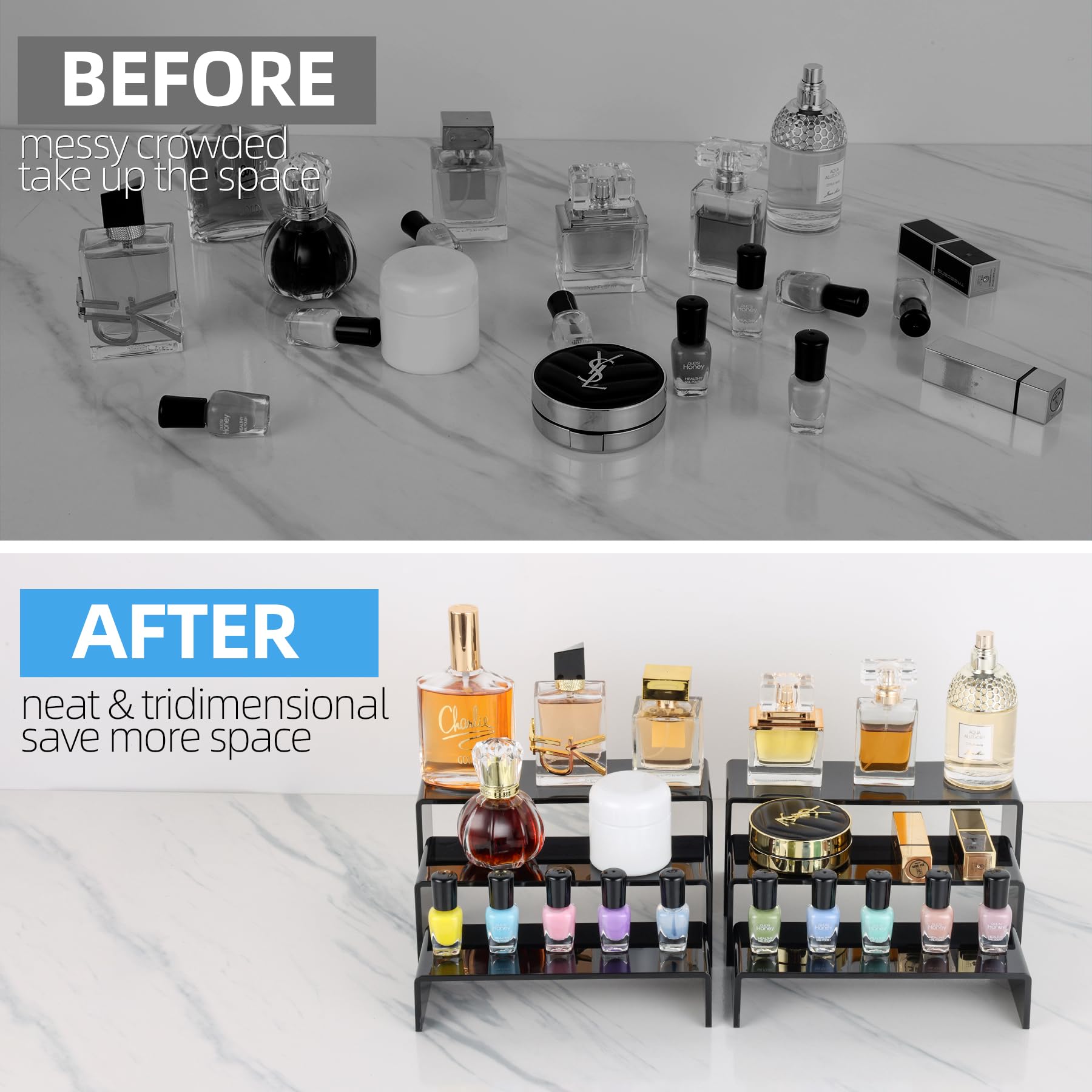 Goabroa Black Acrylic Display Risers, 3 Tiers 2 Set (6 Pcs) Acrylic Shelves Organizer Display Stand, Conutertop Desktop Acrylic Display for Decoration and Organizer