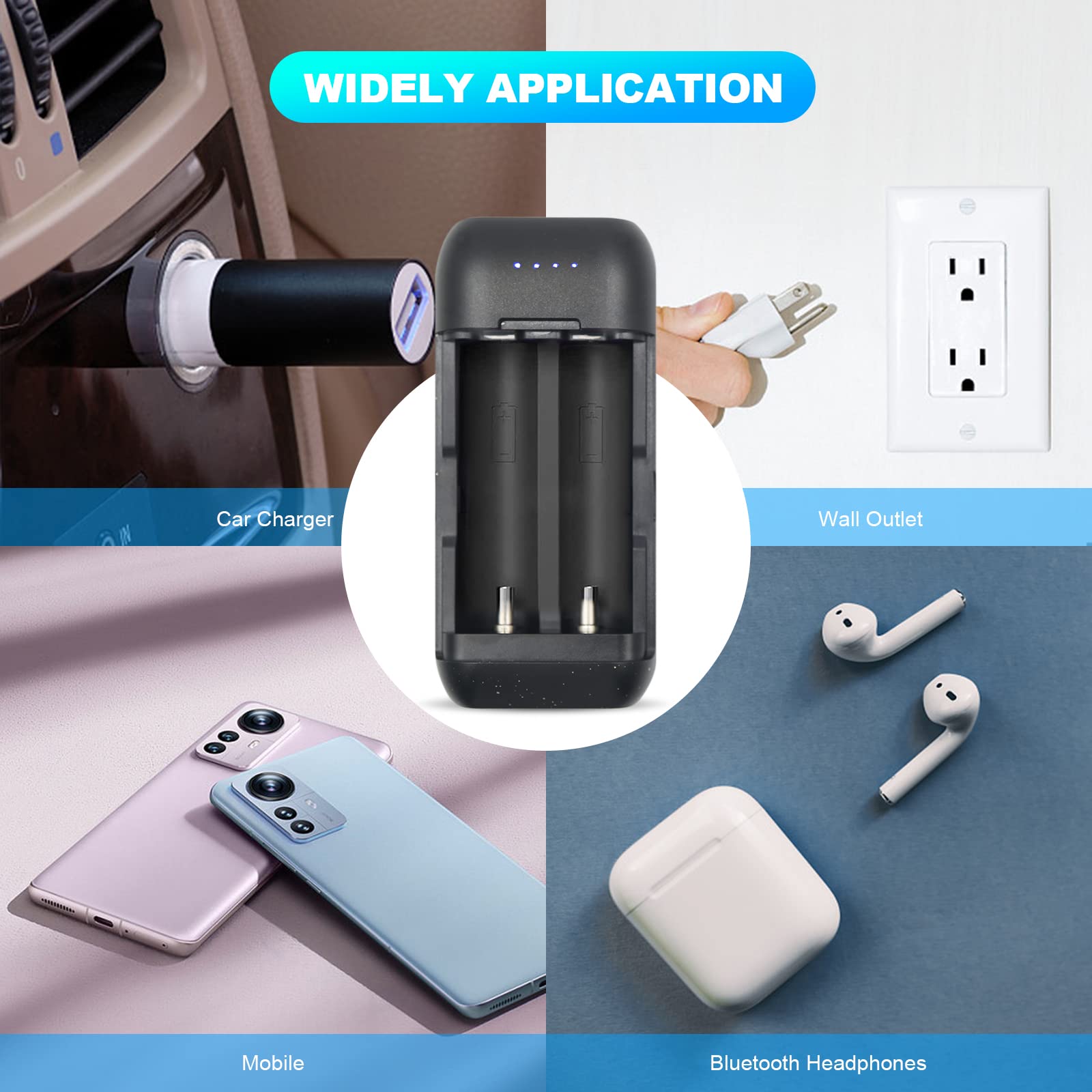 Portable 18650 Battery Charger, 3.7v Rechargeable Batteries Charger with USB C Input for 3.7V Rechargeable Lithium Li ion Batteries with Protective Cover, Independent Slot