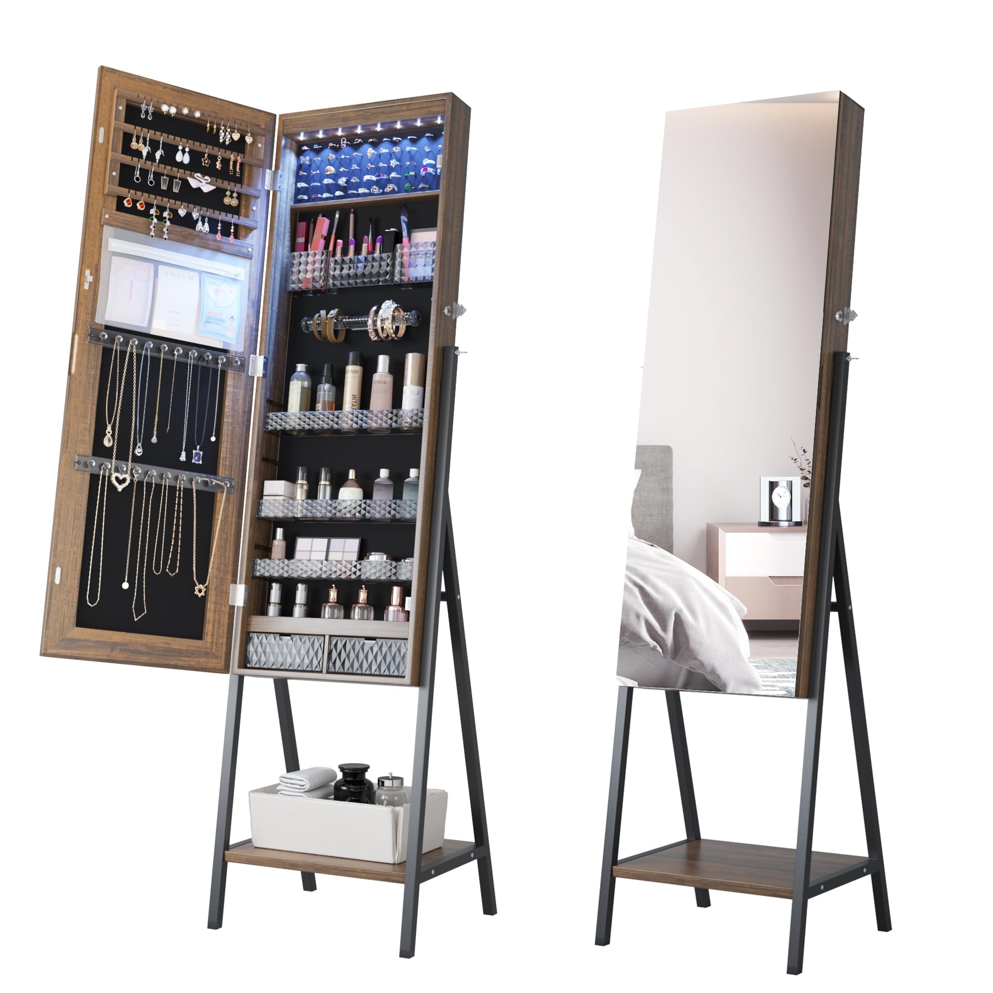 Lvifur LED Jewelry Armoire Freestanding, 3 Color Dimmable 47.2'' Full Length Mirror Large Capacity Jewelry Organizer Armoire, Lockable Floor Standing Mirror All in One for Bedroom (47.2'' Wooden)