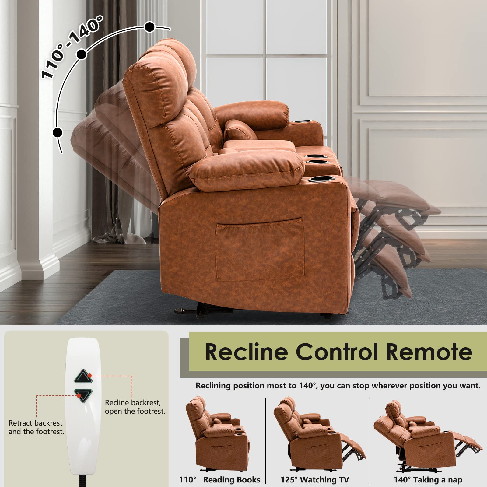 Consofa Power Reclining Loveseat, Reclining Loveseat with Console, Loveseat Recliner with Heat and Massage, Extending Footrest, Power Recliner Loveseat with Lumbar Support, Side Pocket for Living Room