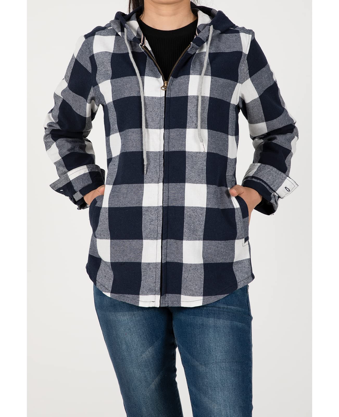 ZENTHACE Plaid Flannel Shirts for Women Hooded Flannel Shirt Oversized Zip Up Flannel Hoodies Fall Flannel Shacket Blue White S