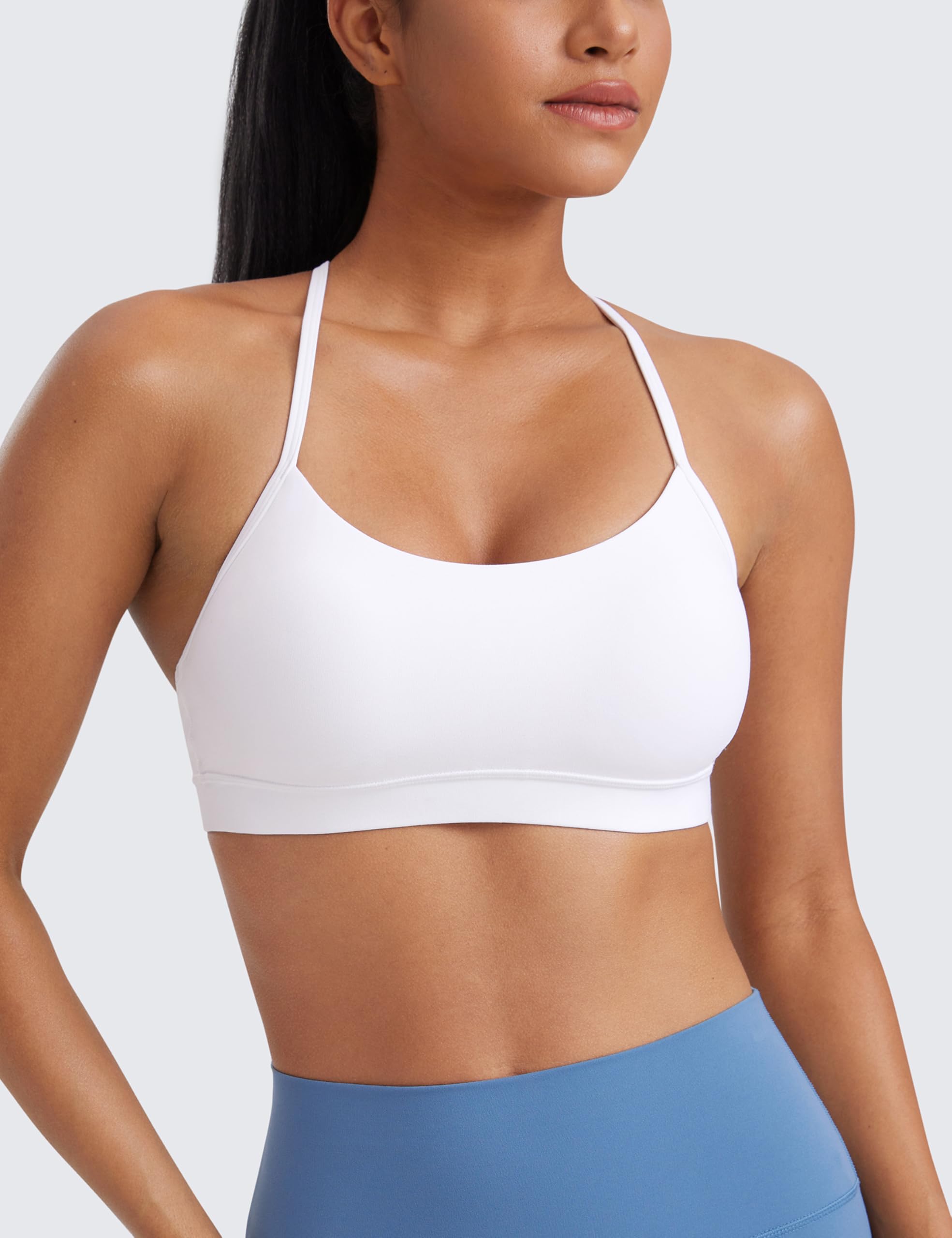 CRZ YOGA Butterluxe Womens Y Back Sports Bra - Padded Racerback Low Impact Spaghetti Thin Strap Workout Yoga Top White Small