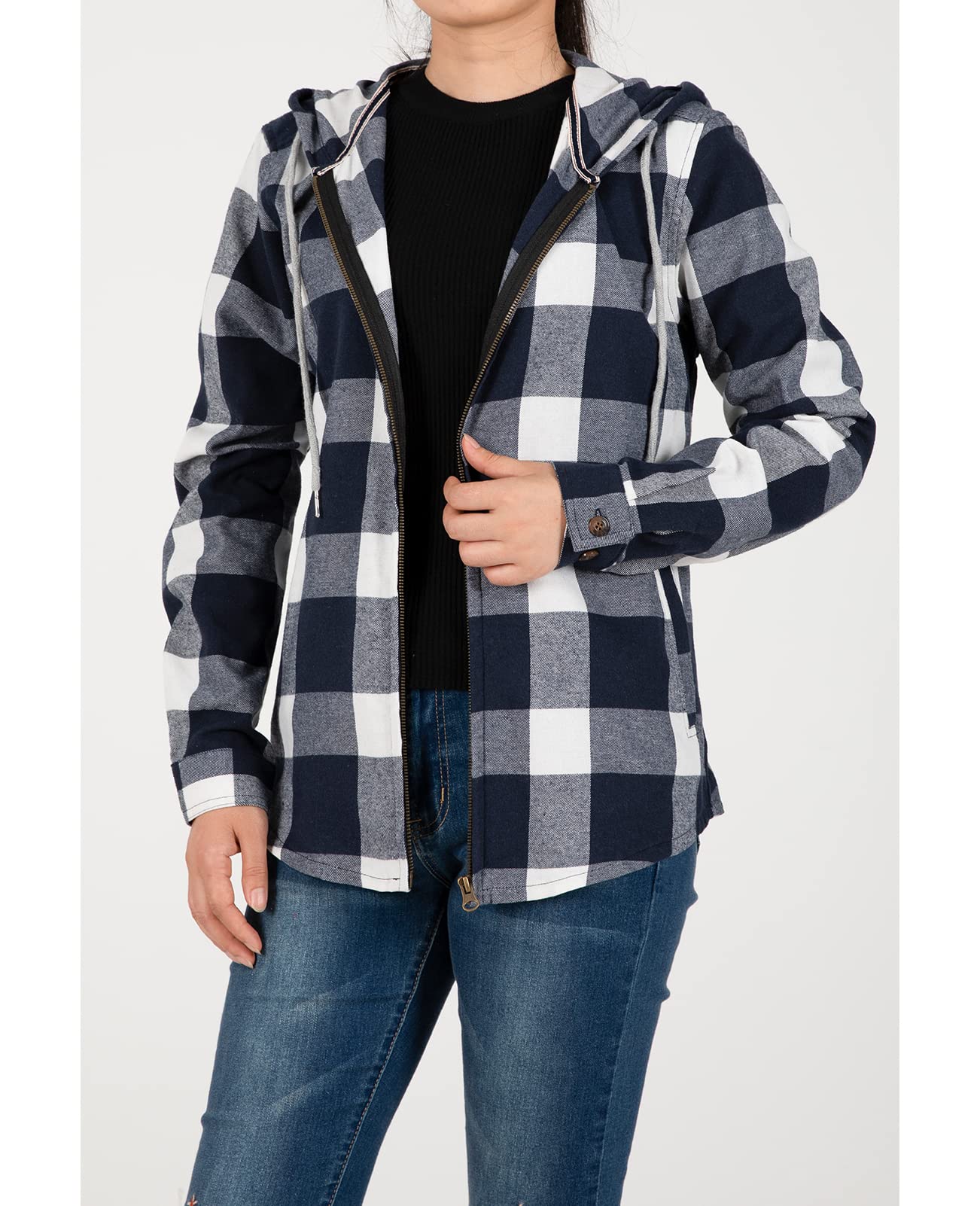 ZENTHACE Plaid Flannel Shirts for Women Hooded Flannel Shirt Oversized Zip Up Flannel Hoodies Fall Flannel Shacket Blue White S