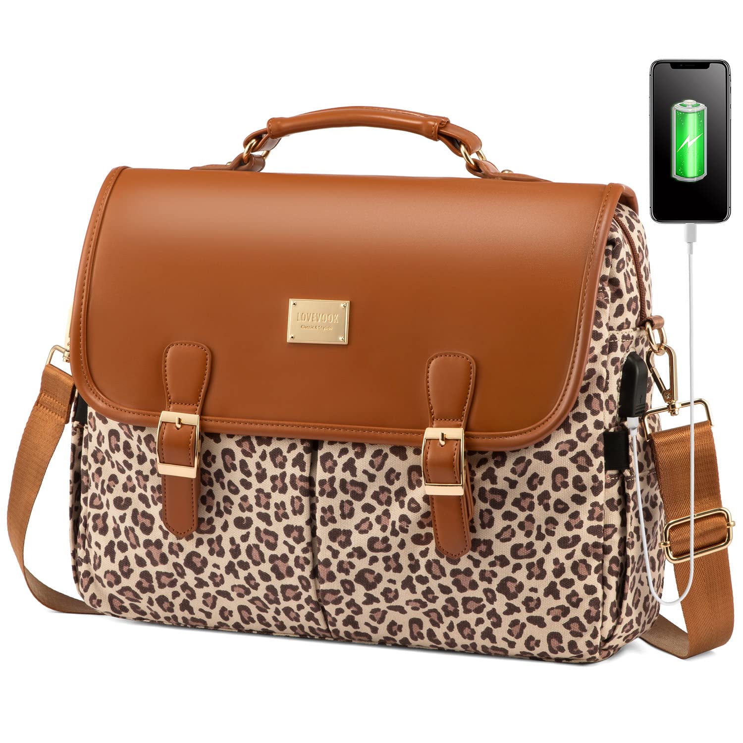 LOVEVOOK Laptop Bag for Women, Large Capacity Computer Bags Cute Shoulder Messenger Bag, Business Work Bags Tote Briefcase Purse Laptop Sleeve Case, 15.6inch, Leopard Print-Brown Pro