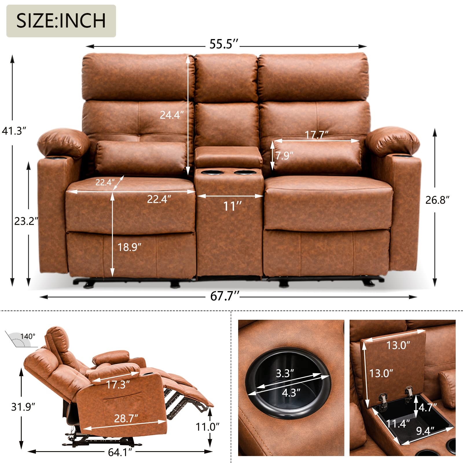 Consofa Power Reclining Loveseat, Reclining Loveseat with Console, Loveseat Recliner with Heat and Massage, Extending Footrest, Power Recliner Loveseat with Lumbar Support, Side Pocket for Living Room