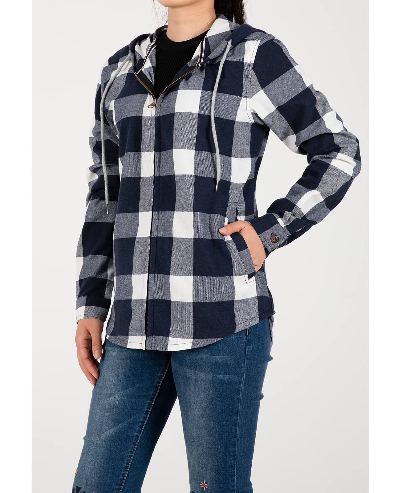 ZENTHACE Plaid Flannel Shirts for Women Hooded Flannel Shirt Oversized Zip Up Flannel Hoodies Fall Flannel Shacket Blue White S