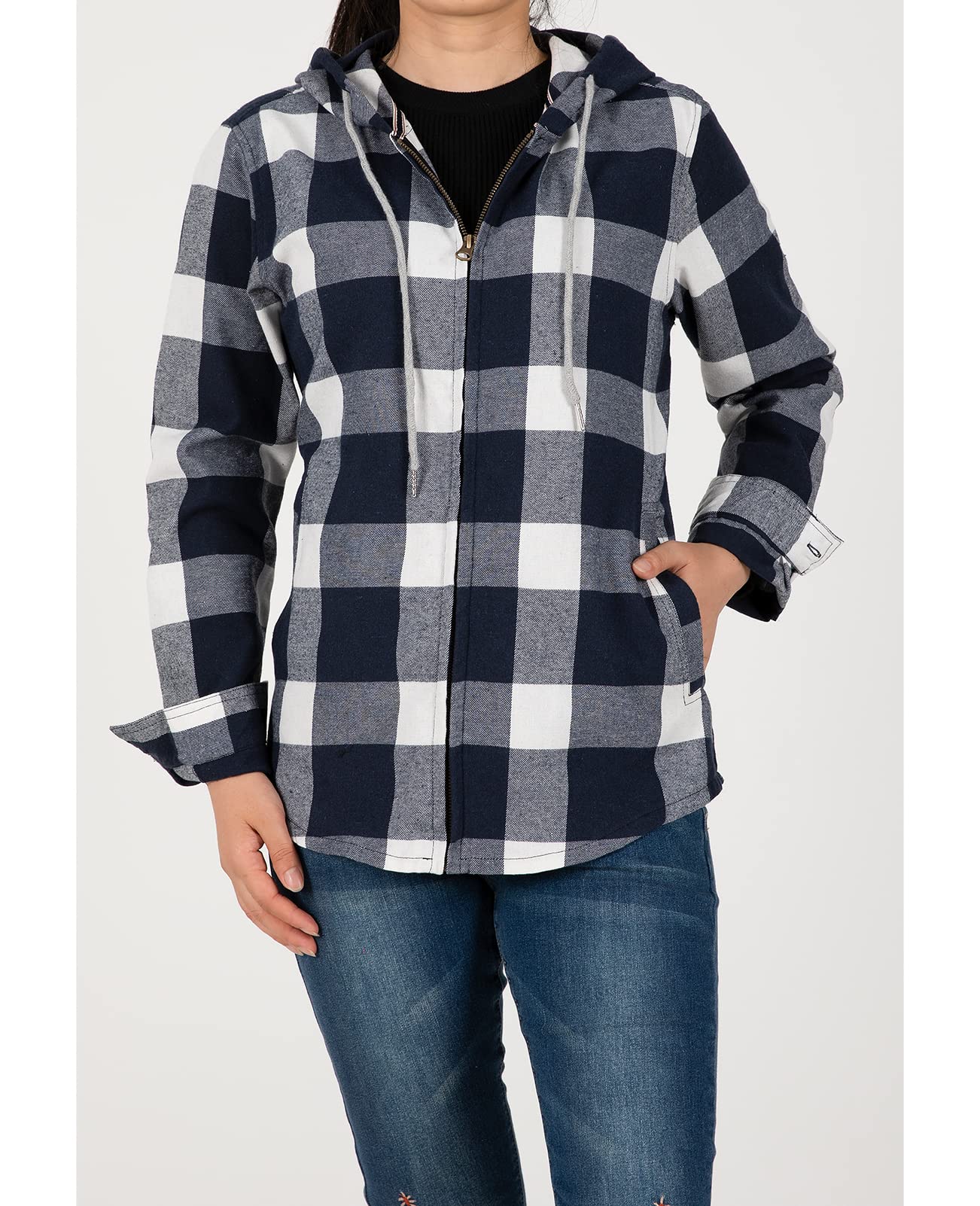 ZENTHACE Plaid Flannel Shirts for Women Hooded Flannel Shirt Oversized Zip Up Flannel Hoodies Fall Flannel Shacket Blue White S