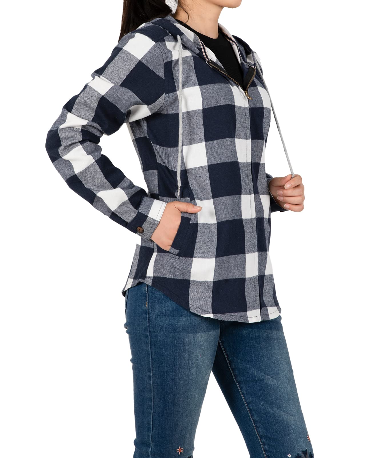 ZENTHACE Plaid Flannel Shirts for Women Hooded Flannel Shirt Oversized Zip Up Flannel Hoodies Fall Flannel Shacket Blue White S