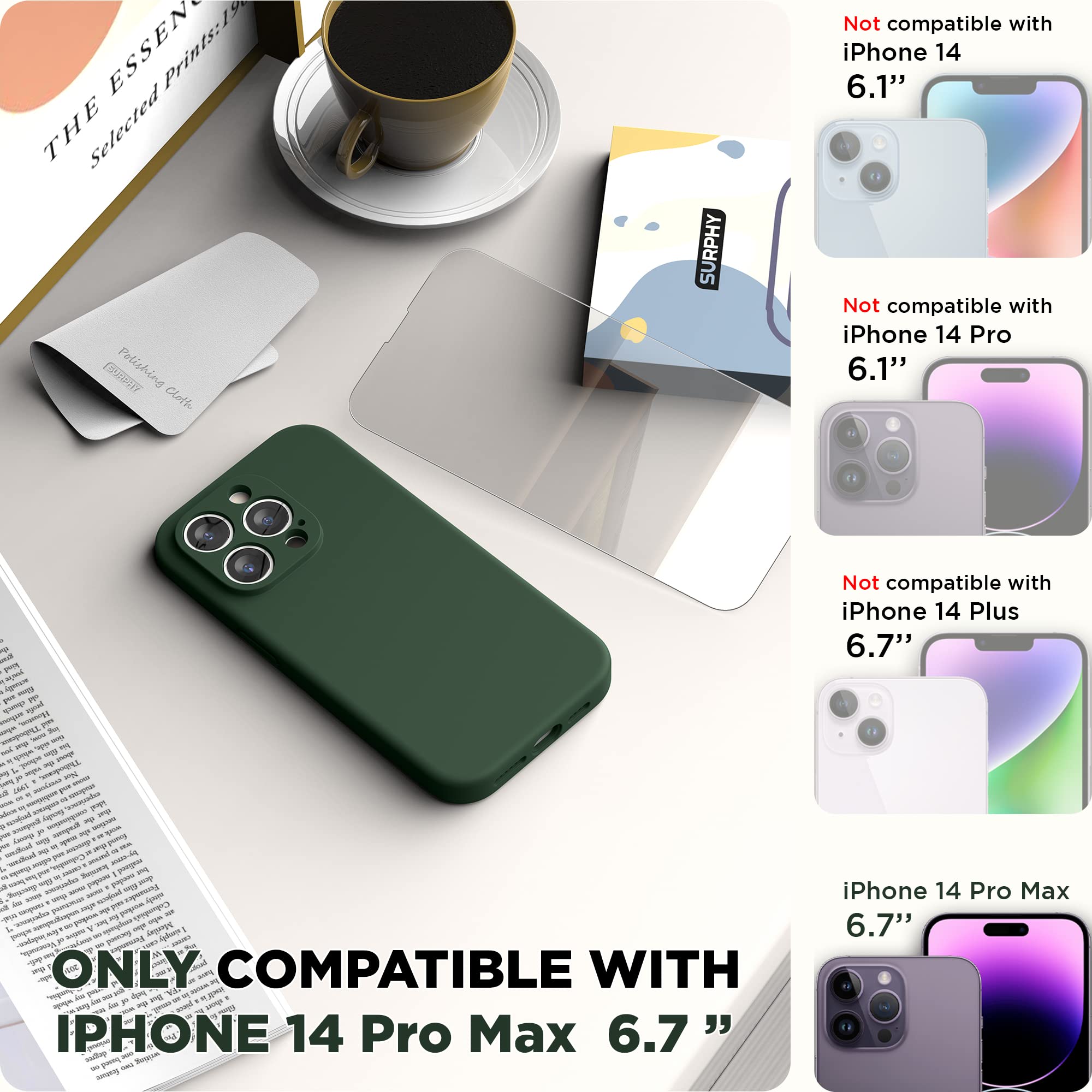 SURPHY Designed for iPhone 14 Pro Max Case with Screen Protector, (with Camera Protection & Soft Microfiber Lining) Liquid Silicone Phone Case, Clover Green