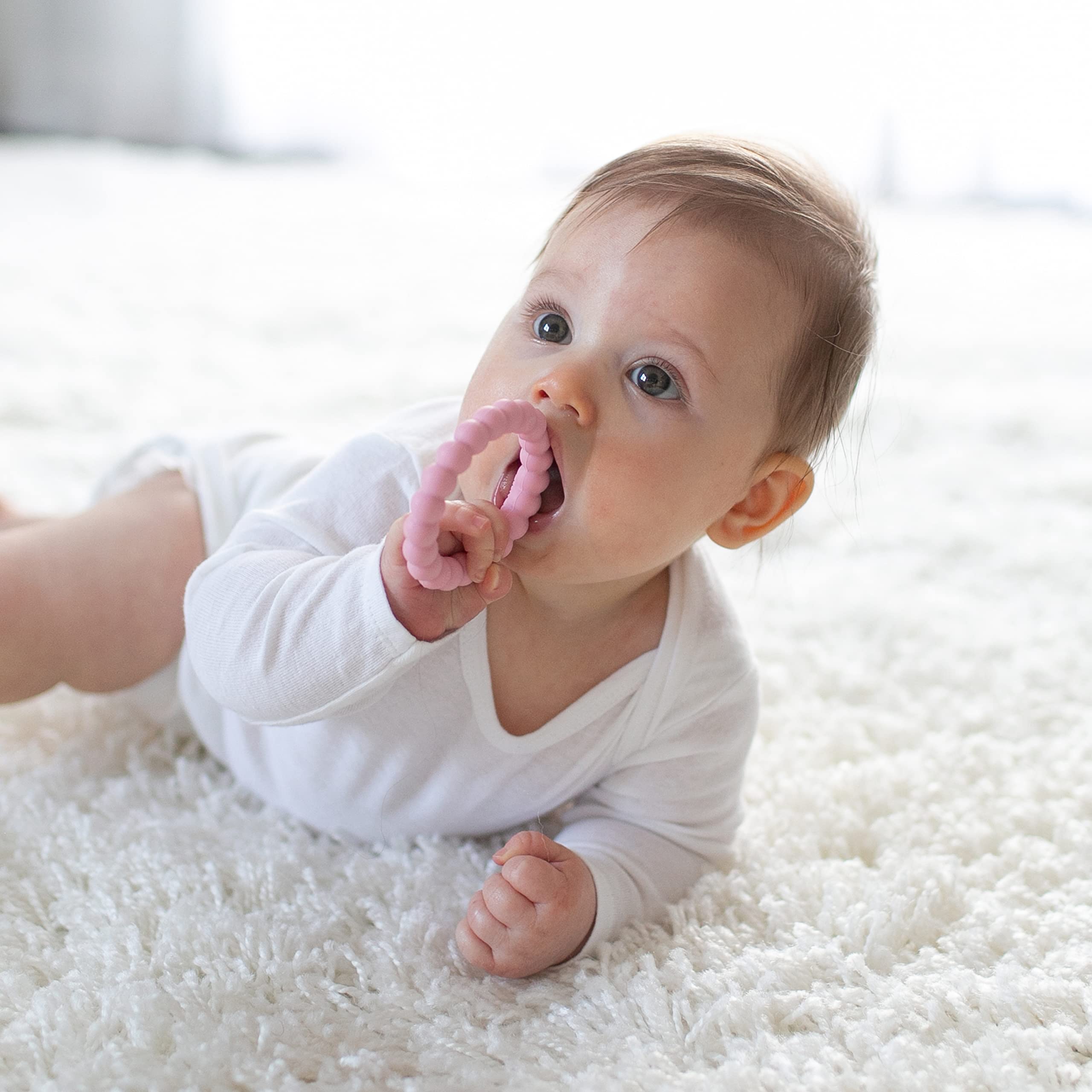 Dr. Brown's Flexees Beaded Teether Rings, 100% Silicone, Soft & Easy to Hold, Encourages Self-Soothe, 3 Pack, Pink, White, Gray, BPA Free, 3m+
