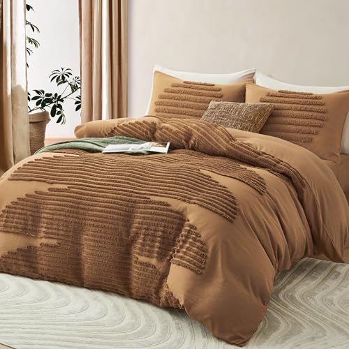 BEDAZZLED Duvet Cover King Size, 3 Pieces Boho Bedding Sets for Shabby Chic Home, Tufted and Soft Comforter Cover Set, Pumpkin Brown