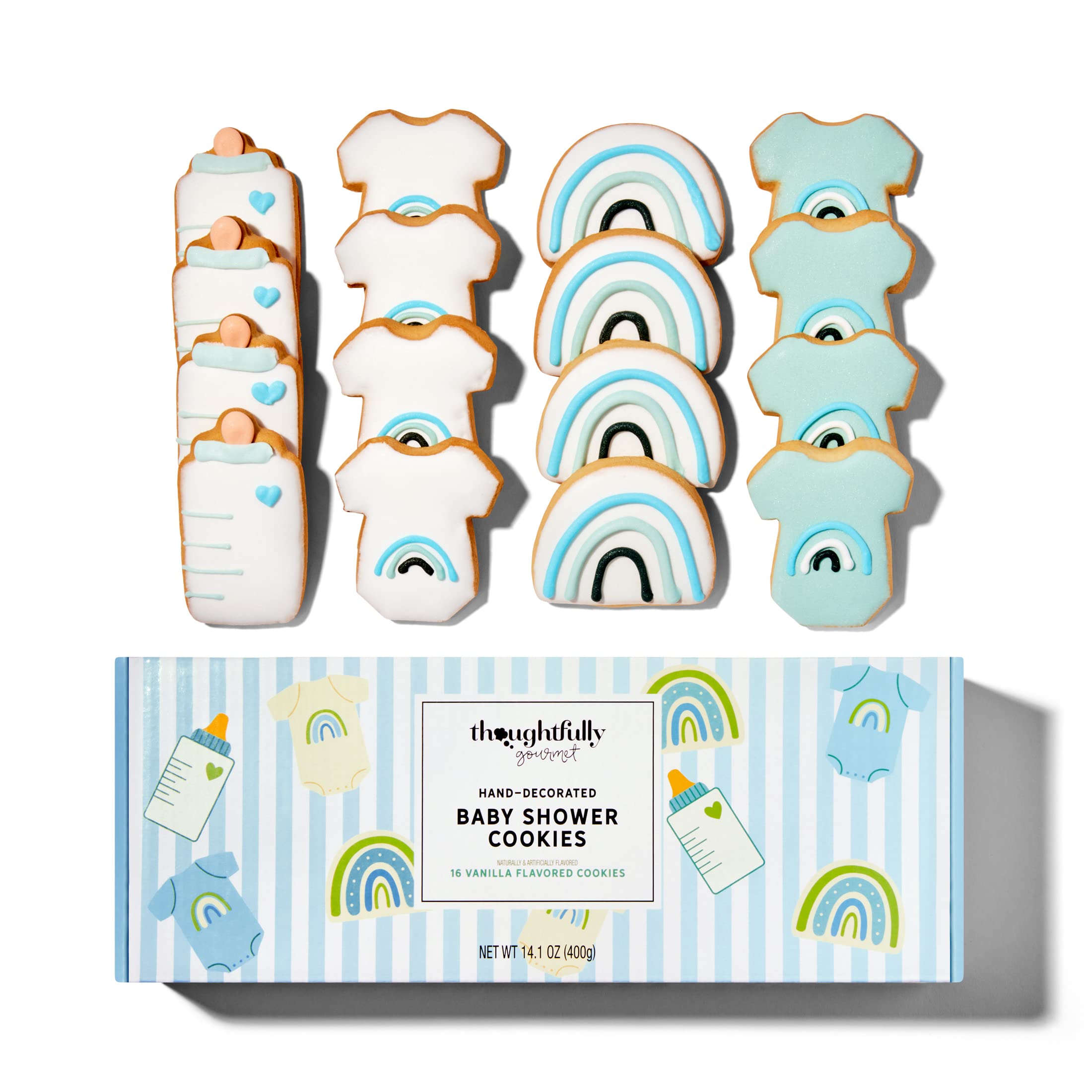 Thoughtfully Gourmet, Light Blue Boy Baby Sugar Cookies for Baby Shower Favors or Gender Reveal, Hand Decorated and Individually Wrapped, Set of 16