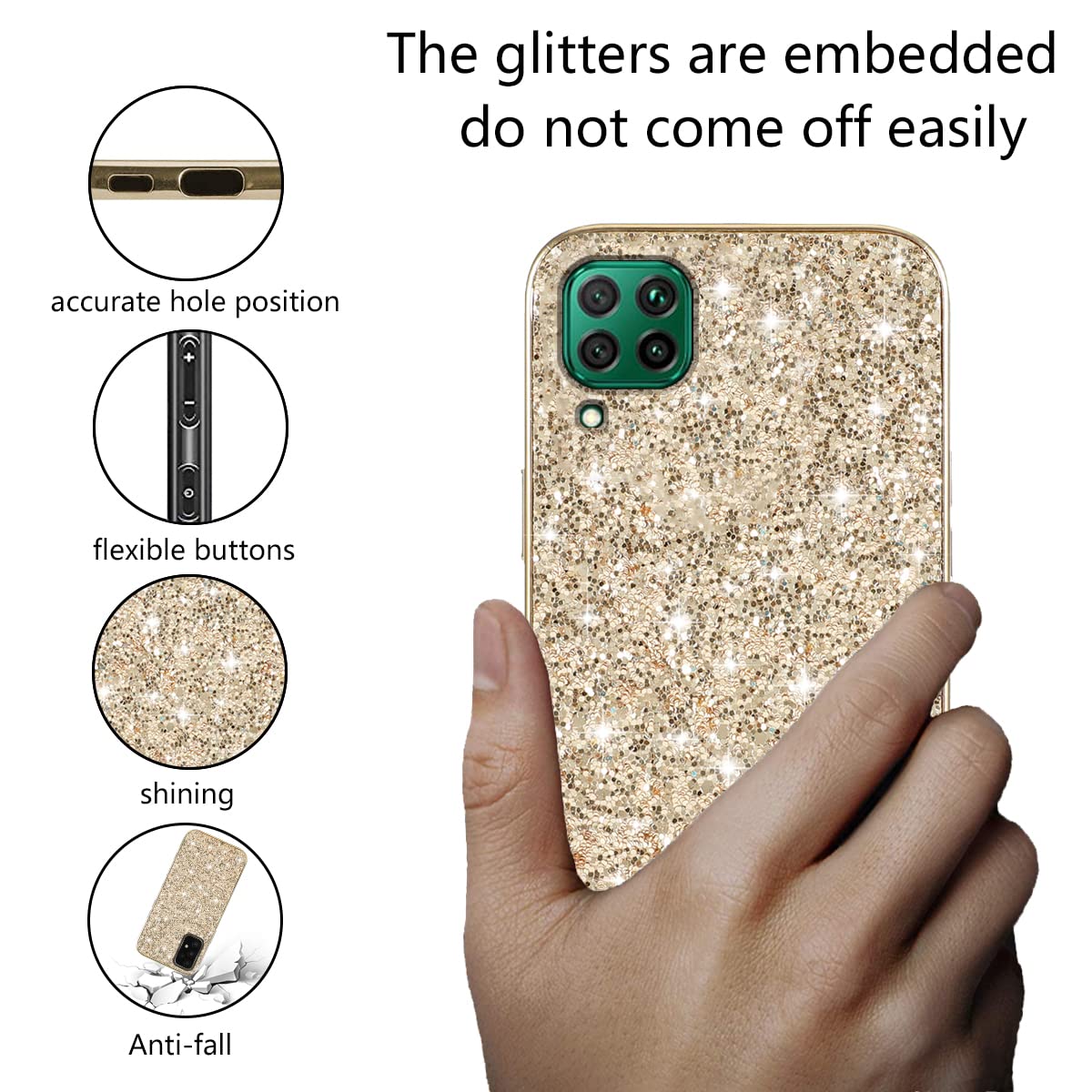 Compatible with Huawei P40 Lite Case Glitter Shockproof,Huawei P40 Lite Phone Case Bling Sparkly Soft TPU and PC Silicone Shiny Girl Women Thin Protective Cover (Gold)