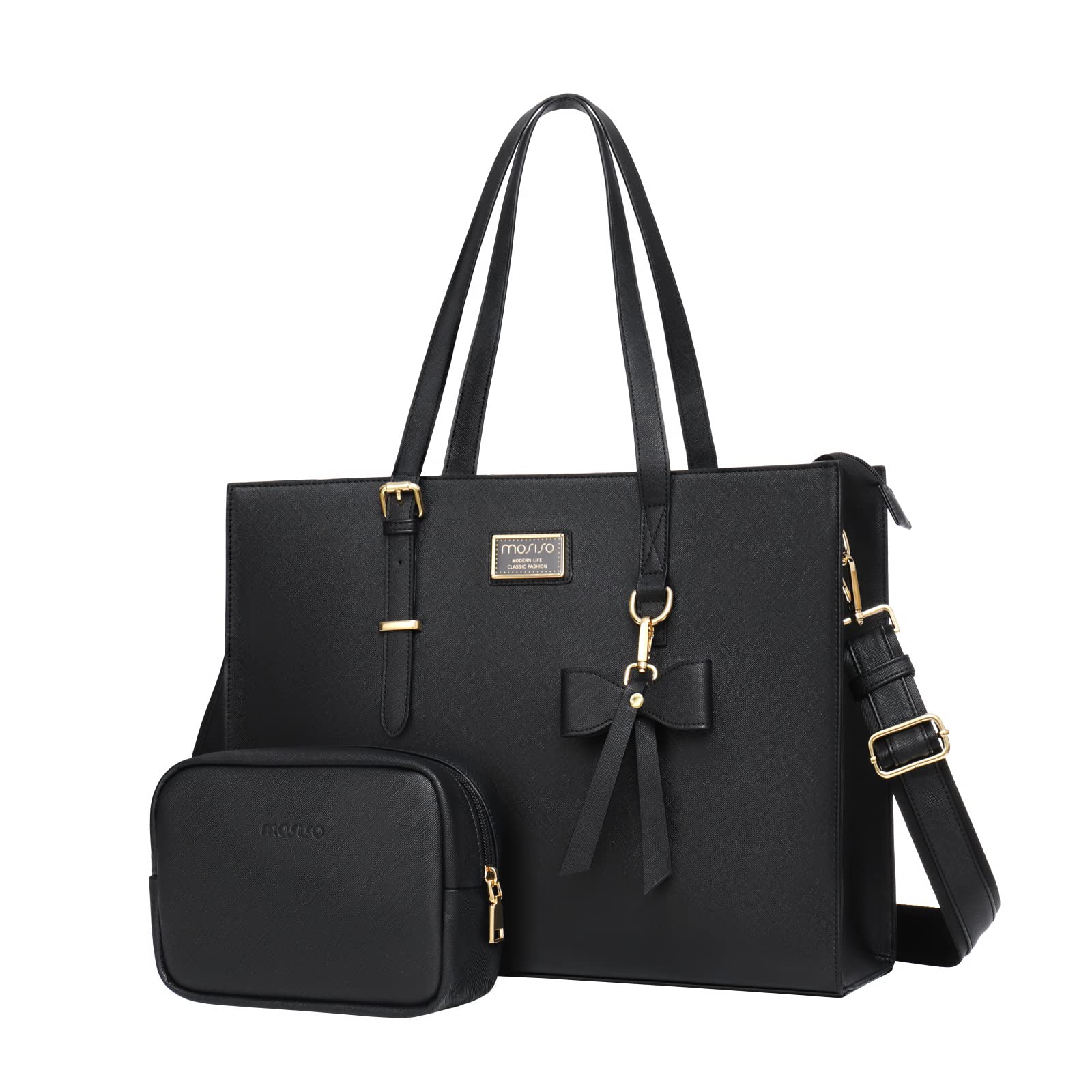 MOSISO Laptop Bag for Women Compatible with MacBook, 17-17.3 inch Notebook and Chromebook, PU Leather Travel Work Tote bag with Detachable Bowknot & Small Purse, Black
