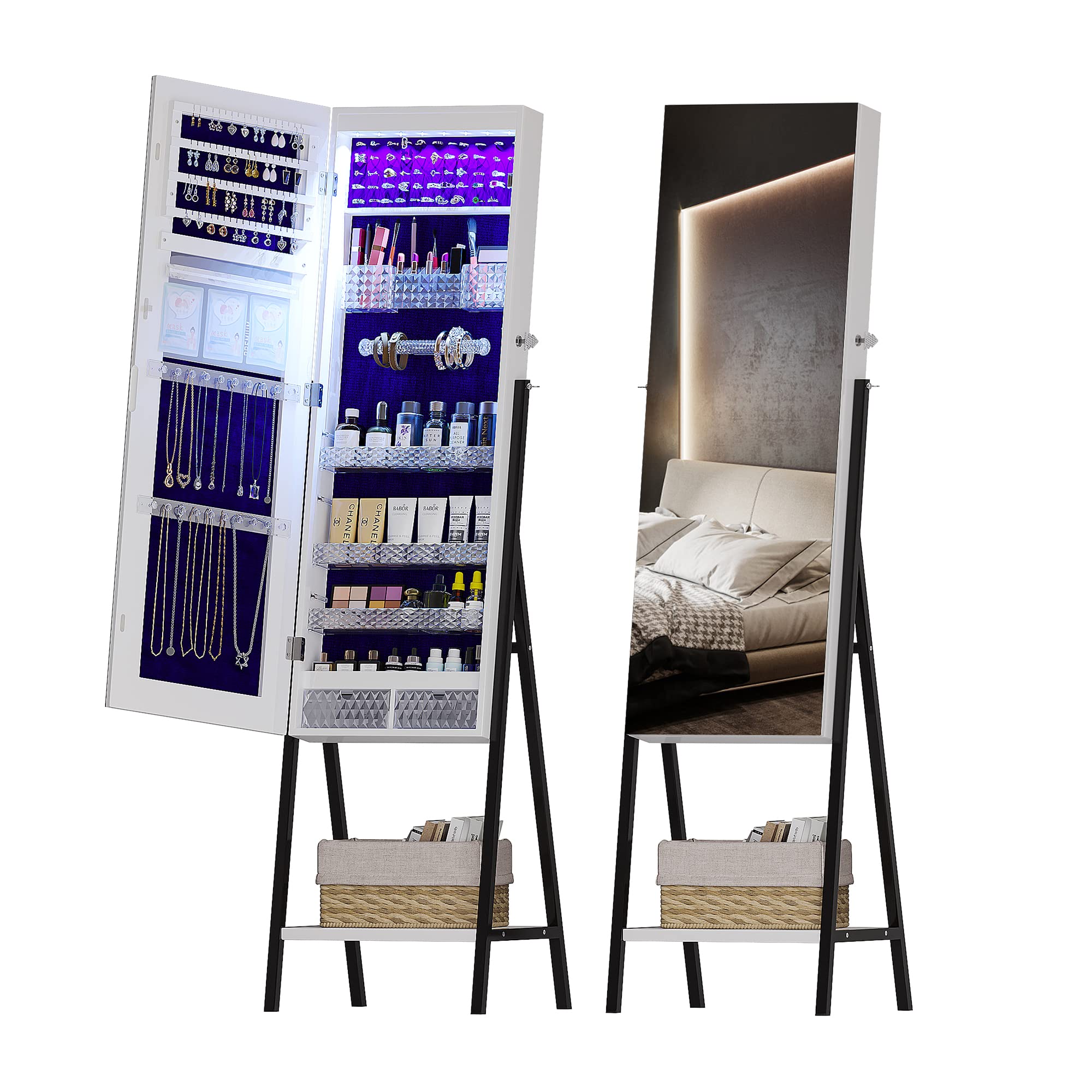 Lvifur LED Jewelry Armoire Freestanding, 42'' Full Length Mirror Large Capacity Jewelry Organizer Armoire with 8 LEDs, Lockable Floor Standing Mirror All in One for Bedroom (42'' White)
