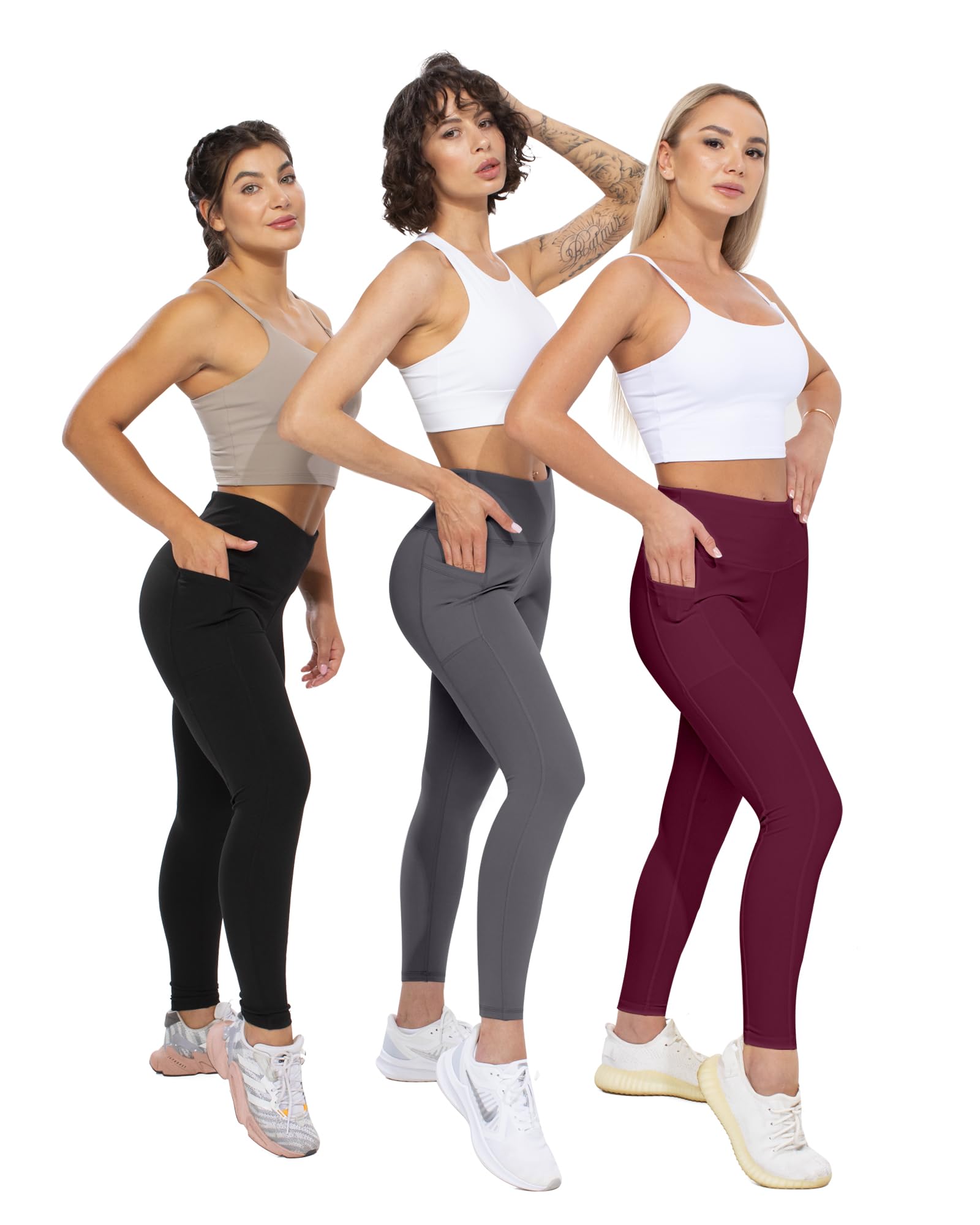 CHRLEISURE Leggings with Pockets for Women, High Waisted Tummy Control Workout Yoga Pants(5 Packs Black,Gray,Navy,Wine,JLGreen, 3XL)